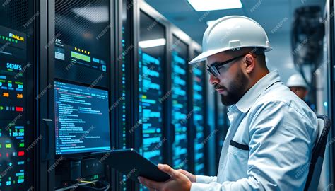 engineer in data center running system diagnostic tests and error
