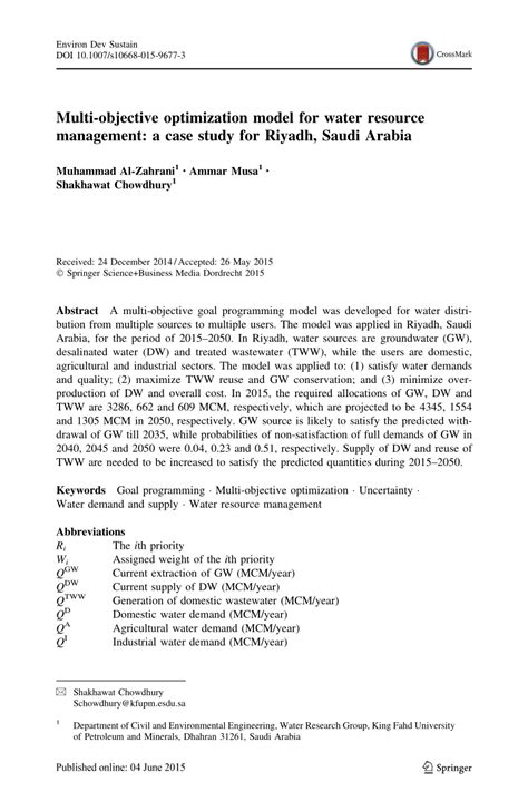 Pdf Multi Objective Optimization Model For Water Resource Management