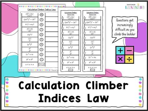 Indices Law Calculation Climber Worksheet For Ks3 And Ks4 Teaching Resources