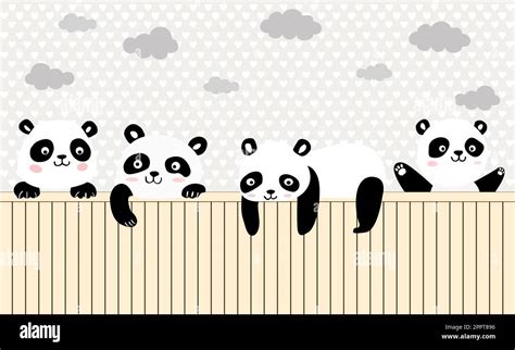Naughty Pandas Sit On A Beige Fence Against A Gray Background With Naughty Pandas Sit On A Beige Fence Against A Gray Background With