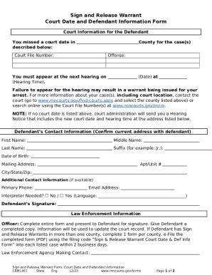 Sign And Release Warrant Court Info And Defendant Doc Template PdfFiller