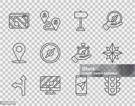 설정 라인 도로 교통 표지판 신호등 위치 마커가있는 모니터 도시지도 탐색 인포 그래픽 나침반 도시 및 바람 장미 아이콘 벡터 0명에 대한 스톡 벡터 아트 및 기타 이미지