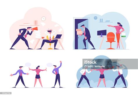 작업 실패와 좌절의 비즈니스 사람들의 집합입니다 메가폰에 노동자에 울고 상사 직원은 직장에서 해고 동료 싸움과 싸움을 준비 만화