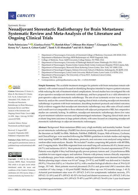 Pdf Neoadjuvant Stereotactic Radiotherapy For Brain Metastases Systematic Review And Meta