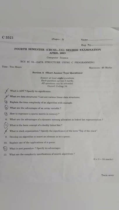 Data Structure Using C Programing Cs 4th Sem Question Paper 2021cu