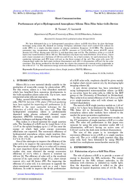 Pdf Performance Of P I N Hydrogenated Amorphous Silicon Thin Film