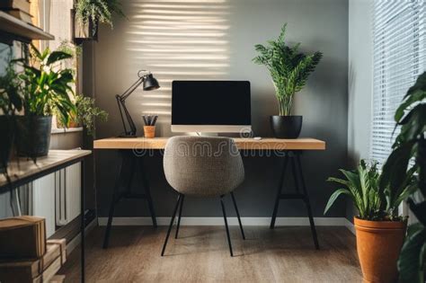 Minimalist Home Office With Wooden Desk Computer And Various Green