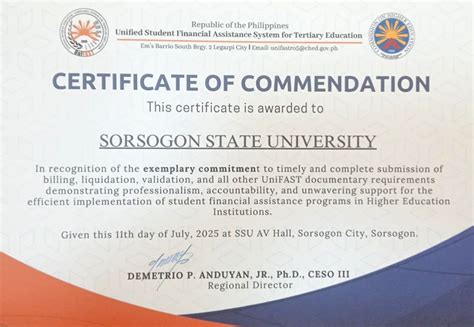 Sorsu Recognized As Ched Unifast Bicol Compliance Excellence Awardee