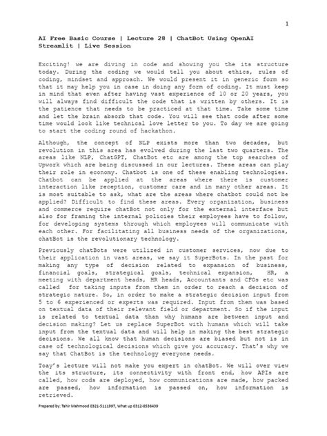 Lecture 28 Chatbot Using Openai Streamlit Pdf Artificial Intelligence Intelligence Ai