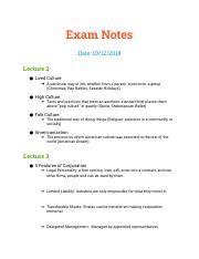 Exam Notes CSOC 202 Docx Exam Notes Date 10 12 2018 Lecture 2 Lived Culture A Particular Way