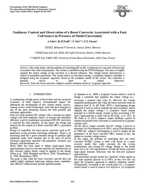 Nonlinear Control And Observation Of A Boost Converter Asso 2014 Ifac Procee Pdf Control