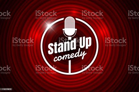 빈 극장 무대에서 코미디 나이트 라이브 쇼 오픈 마이크를 일어 서 십시오 빨간 커튼 배경으로 빈티지 마이크 Retro 벡터 아트