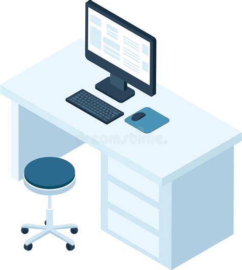 Isometric View Of A Workspace Featuring A Computer Displaying Data On Its Monitor A Keyboard A