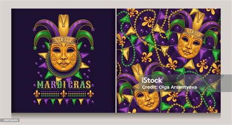 카니발 마디 그라 테마 패턴 광대 할리퀸 모자 흩어져있는 장신구 페넌트 화환 구슬 문자열에 황금 베네치안 얼굴 마스크와 라벨 빈티지 스타일의 상세한 일러스트레이션 Mardi