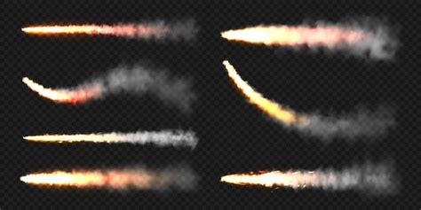 현실적인 우주 로켓 발사 트레일 화재 폭발 폭발 미사일 또는 총알 트레일 제트 항공기 프리미엄 벡터