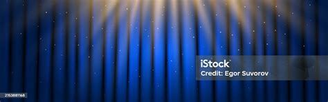 스포트라이트가 있는 커튼 파란색 배경입니다 날아다니는 입자가 있는 밝은 스테이지 닫힌 커튼이 있는 의식 템플릿입니다 광선이 있는 우아한 장면입니다 벡터 일러스트 레이 션