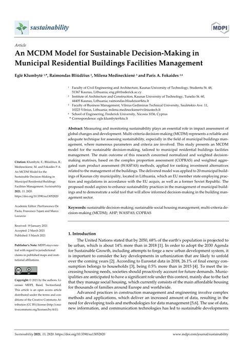 Pdf An Mcdm Model For Sustainable Decision Making In Municipal Residential Buildings