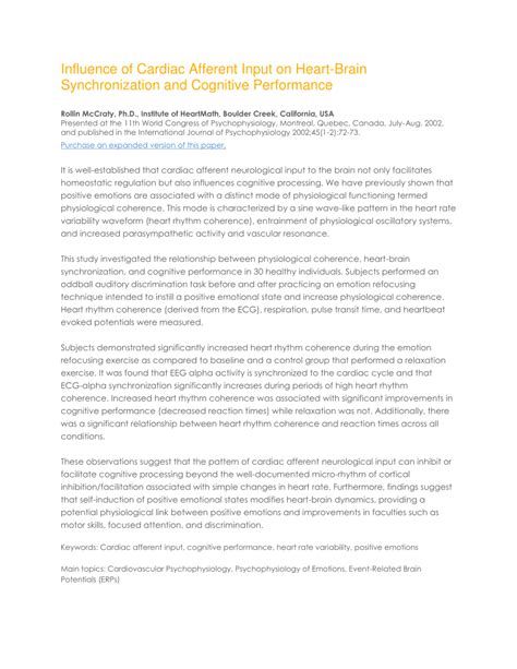 Pdf Influence Of Cardiac Afferent Input On Heart Brain Synchronization And Cognitive Performance