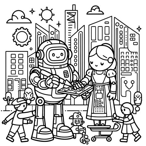 Robot Ayuda A Las Personas En La Construcción De Una Ciudad En Un Mundo