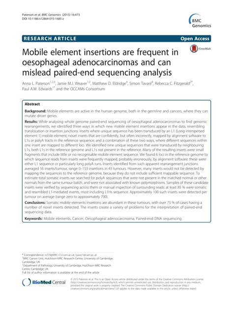 Pdf Mobile Element Insertions Are Frequent In Oesophageal Adenocarcinomas And Can Mislead