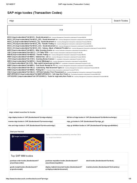 Sap Migo Tcodes Transaction Codes Pdf Business Economics Business