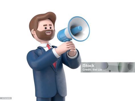 발표를 위해 확성기를 사용하는 웃는 수염을 기른 미국 사업가 밥의 3d 그림 흰색 배경에 3d 렌더링 Publicity Event에 대한 스톡 사진 및 기타 이미지 Istock