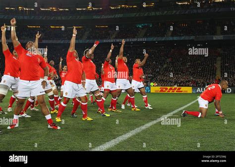 The Tongan Rugby Team Performs The Sipi Tau Challenge To The New Zealand All Blacks During The
