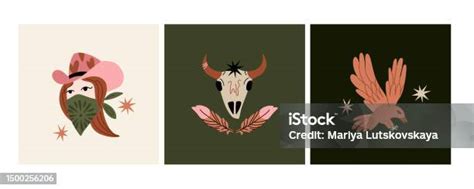 와일드 웨스트 카드 서양 인쇄 또는 포스터 미국 카우걸 초상화 깃털이 달린 암소 두개골 플라잉 독수리 장식을 위한 현대 미술