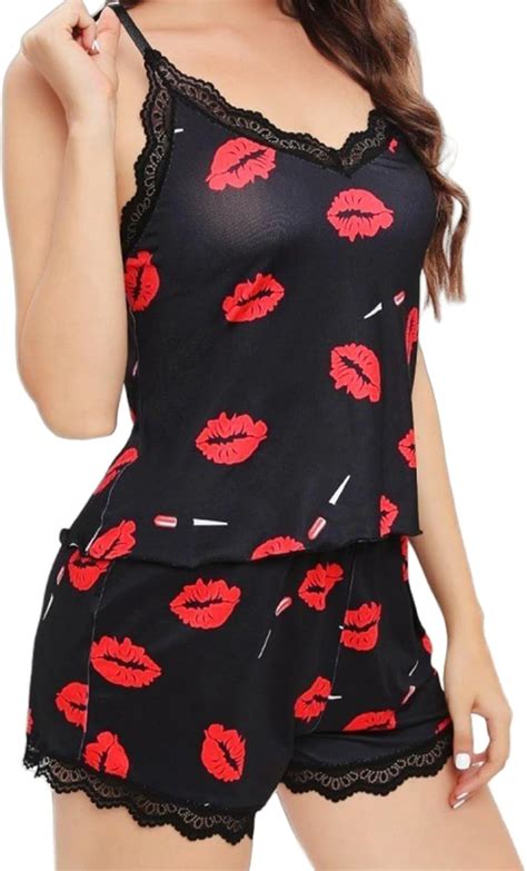 Valentine Pajamas Set For Women Kiss Cute Cami Pajamas With Lace Trim
