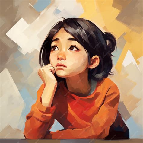 Chica Asiática Pensando Y Dudando Ilustración Pintada Al óleo Personaje De Mujer Joven Con