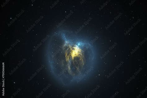Heart Shaped Object In Dark Space Surrounded By Stars Bright Blue And Yellow Light Emitting