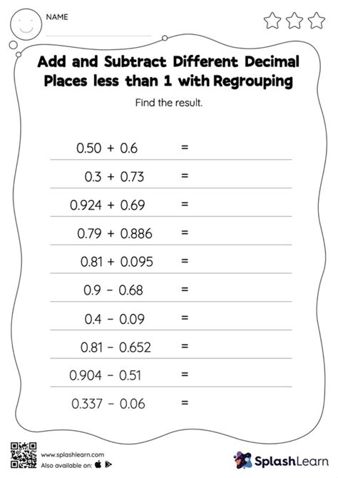 Add And Subtract Different Decimal Places Less Than 1 With Regrouping