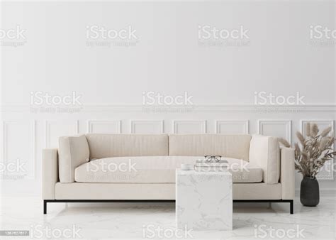현대적인 거실의 빈 흰색 벽 현대적인 스타일로 인테리어를 모의 사진 포스터 텍스트 또는 다른 디자인에 대한 공간을 복사합니다 소파 테이블 팜파 잔디 3d 렌더링 0명에 대한