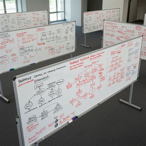 Several Whiteboards On Stands Filled With Complex Diagrams And Notes In