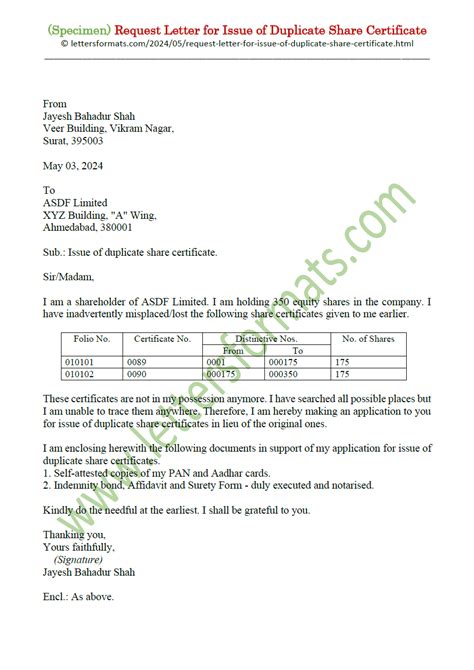 Request Letter For Issue Of Duplicate Share Certificate