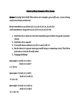 Subtracting Integers Dice Game By Molly Munsinger TPT