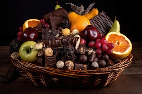 Basket Of Assorted Fruits And Nuts Covered In Decadent Chocolate Stock