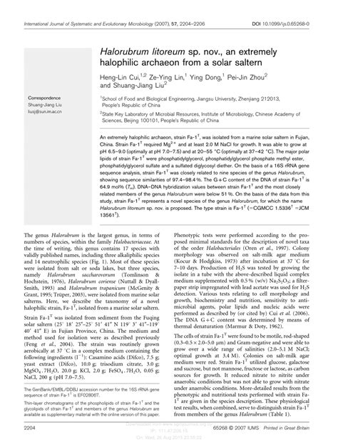 Pdf Halorubrum Litoreum Sp Nov An Extremely Halophilic Archaeon From A Solar Saltern