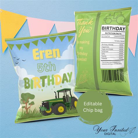 Tractor Birthday Chip Bag Labels Tractor Chip Bags Template Party Favors Editable Texts In Canva