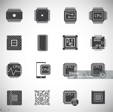 그래픽 및 웹 디자인에 대한 배경에 설정 된 컴퓨터 칩 관련 아이콘 간단한 그림 웹 사이트 버튼 또는 모바일 앱에 대한 인터넷