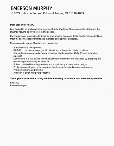Unity Developer Cover Letter Velvet Jobs