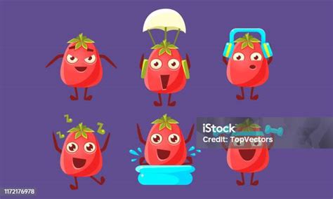 재미 토마토 세트 다른 포즈와 다양한 감정 벡터 일러스트에 귀여운 야채 문자 개체 그룹에 대한 스톡 벡터 아트 및 기타 이미지 개체 그룹 건강한 식생활 고여 있는 물