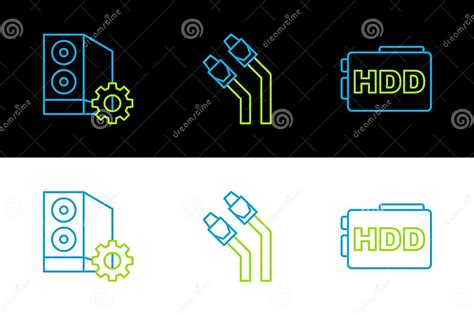 Set Line Hard Disk Drive Hdd Case Of Computer And Lan Cable Network