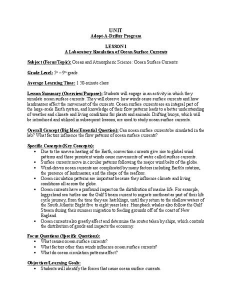 A Laboratory Simulation Of Ocean Surface Currents Lesson Plan For 6th