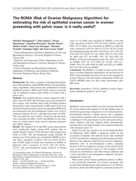 Pdf The Roma Risk Of Ovarian Malignancy Algorithm For Estimating The Risk Of Epithelial