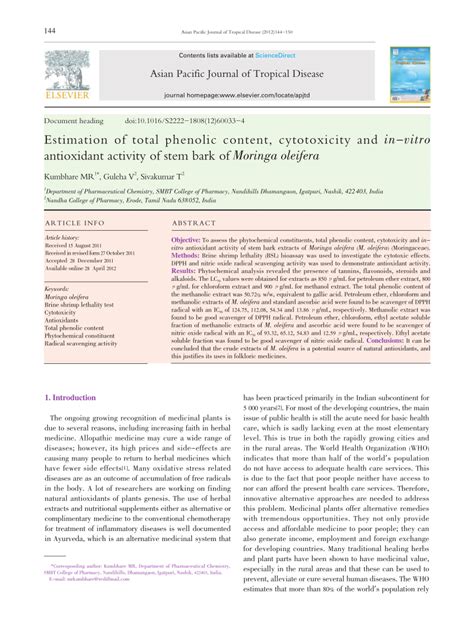 Pdf Estimation Of Total Phenolic Content Cytotoxicity And Invitro