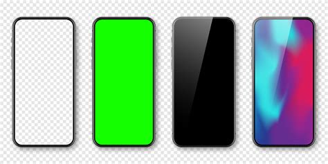 빈 터치 스크린과 추상적인 화려한 벽지 녹색 크로마 키 배경이 있는 스마트폰 정면도에 프레임이 없는 휴대폰 고품질 상세한 장치 모형 벡터 그림 3차원 형태에 대한 스톡 벡터