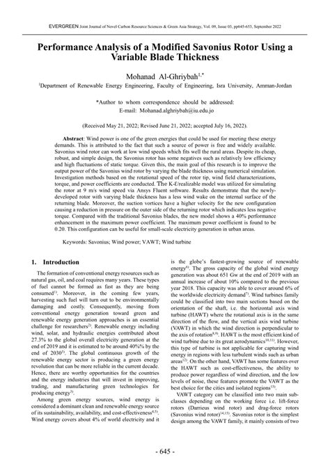 Pdf Performance Analysis Of A Modified Savonius Rotor Using A Variable Blade Thickness