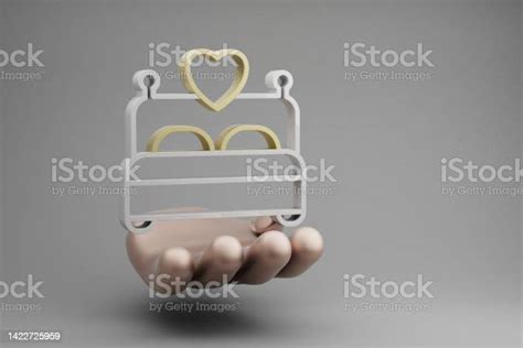 아름다운 추상적 인 삽화 회색 배경에 심장 기호 아이콘이있는 골든 핸드 홀딩 침실 3d 렌더링 그림 디자인의 배경 패턴 결혼식 날 3차원 형태에 대한 스톡 사진 및 기타