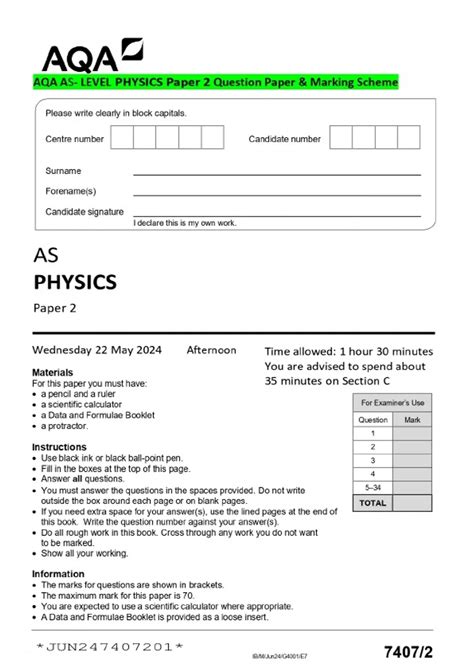 2024 Aqa As Level Physics Paper 2 Question Paper And Marking Scheme Aqa As Level Aqa A Level